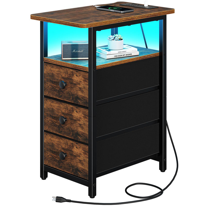 Wrought Studio End Table with Charging Station LED Narrow Side Table Bedside Table Skinny Nightstand with 3 Fabric Drawers Side Tables Bedroom for